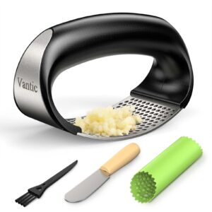 vantic garlic press rocker - stainless steel garlic mincer garlic crusher, new innovative garlic chopper with peeler and scraper for smash garlic