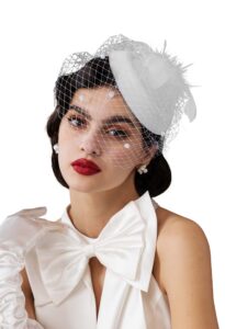 zivyes white tea party hat fascinator with veil feather headpiece derby hat 20s50s pillbox hats for church wedding