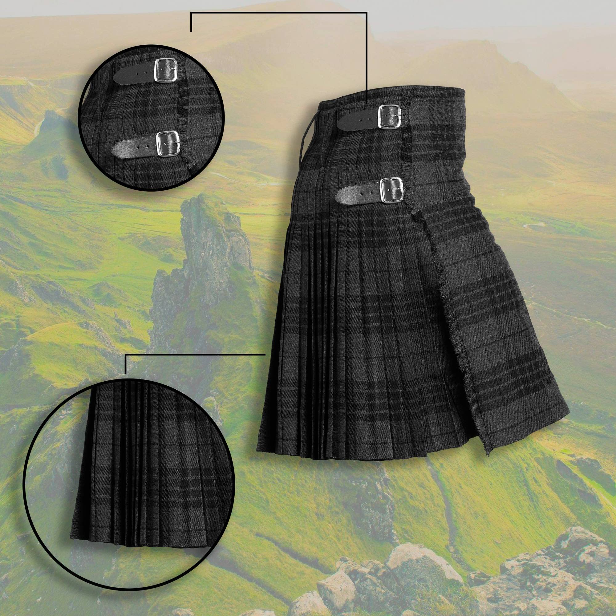 UMAM Tartan Kilt Set - 08 Pieces Kilt Accessories for Men, Scottish Outfit (46", Grey Watch)