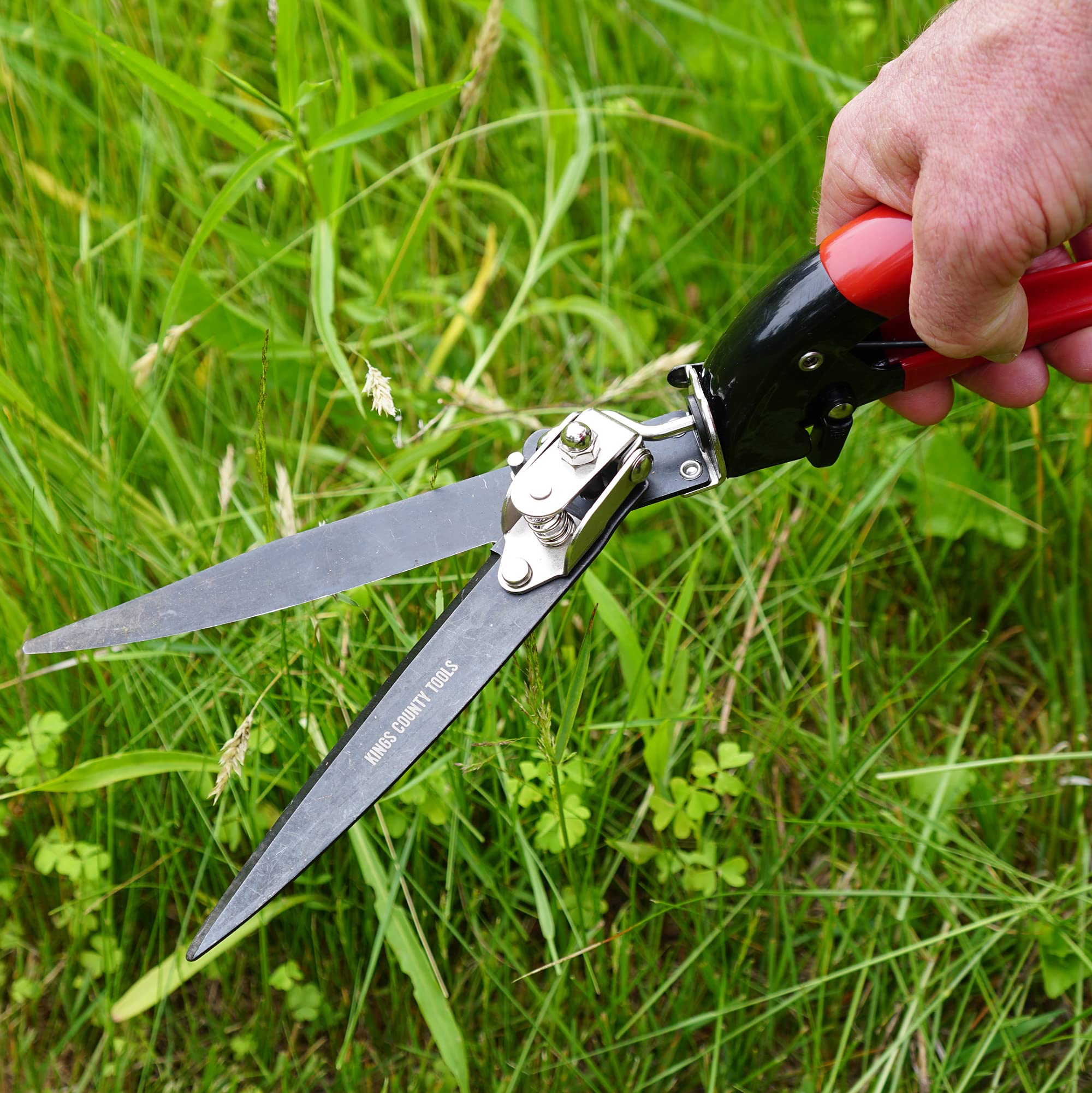 Kings County Tools Grass Trimming Shears | 5-1/4” Steel Blades | Rotating Handle for Angled Cuts | Strong Spring Mechanism | Simple & Secure Safety Lock | Made in Italy