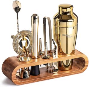 mixology bartender kit: 10-piece bar tool set with bamboo stand | perfect home bartending kit and martini cocktail shaker set for a perfect drink mixing experience | fun housewarming gift (gold)