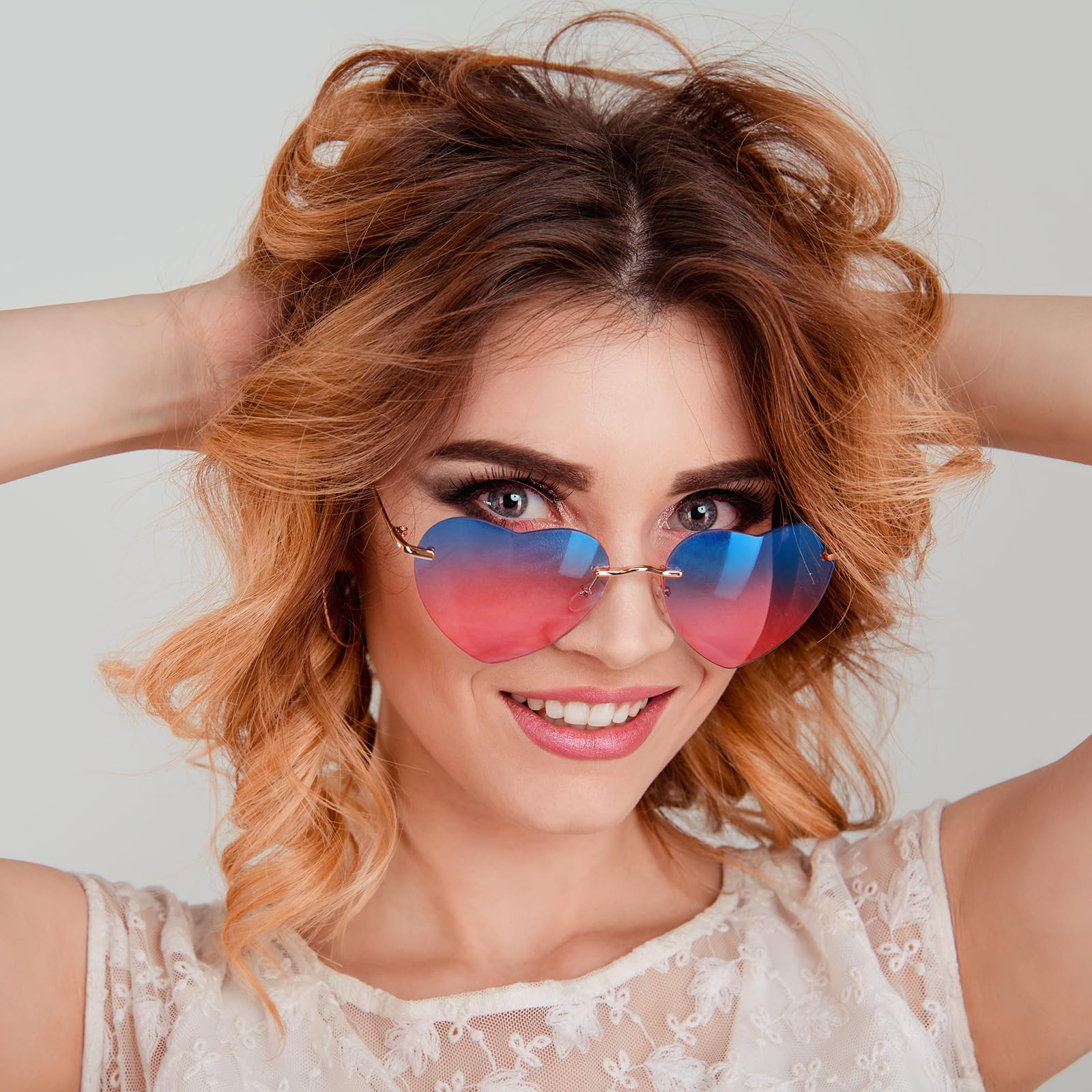 Dollger Heart Sunglasses for Women Cute Rave Heart Glasses Metal Frame Lovely Heart Style Blue and Pink lens