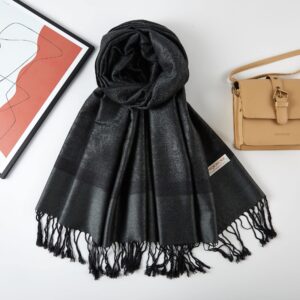 Paisley Pashmina Silk Scarf Shawl Jacquard Cashmere Wrap Stole Two Tones Reversible (Deep Grey/Black)