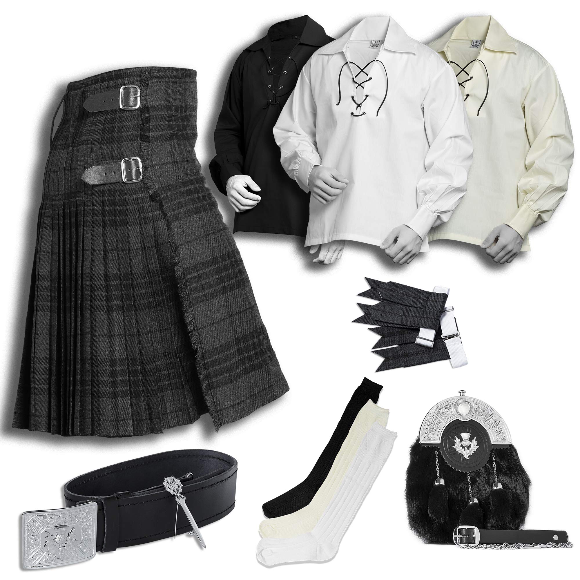 UMAM Tartan Kilt Set - 08 Pieces Kilt Accessories for Men, Scottish Outfit (46", Grey Watch)