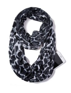 elzama infinity loop jersey scarf with hidden zipper pocket, leopard printed patterns for women, travel wrap for fall winter, black