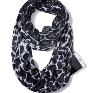 elzama Infinity Loop Jersey Scarf with Hidden Zipper Pocket, Leopard Printed Patterns for Women, Travel Wrap for Fall Winter, Black