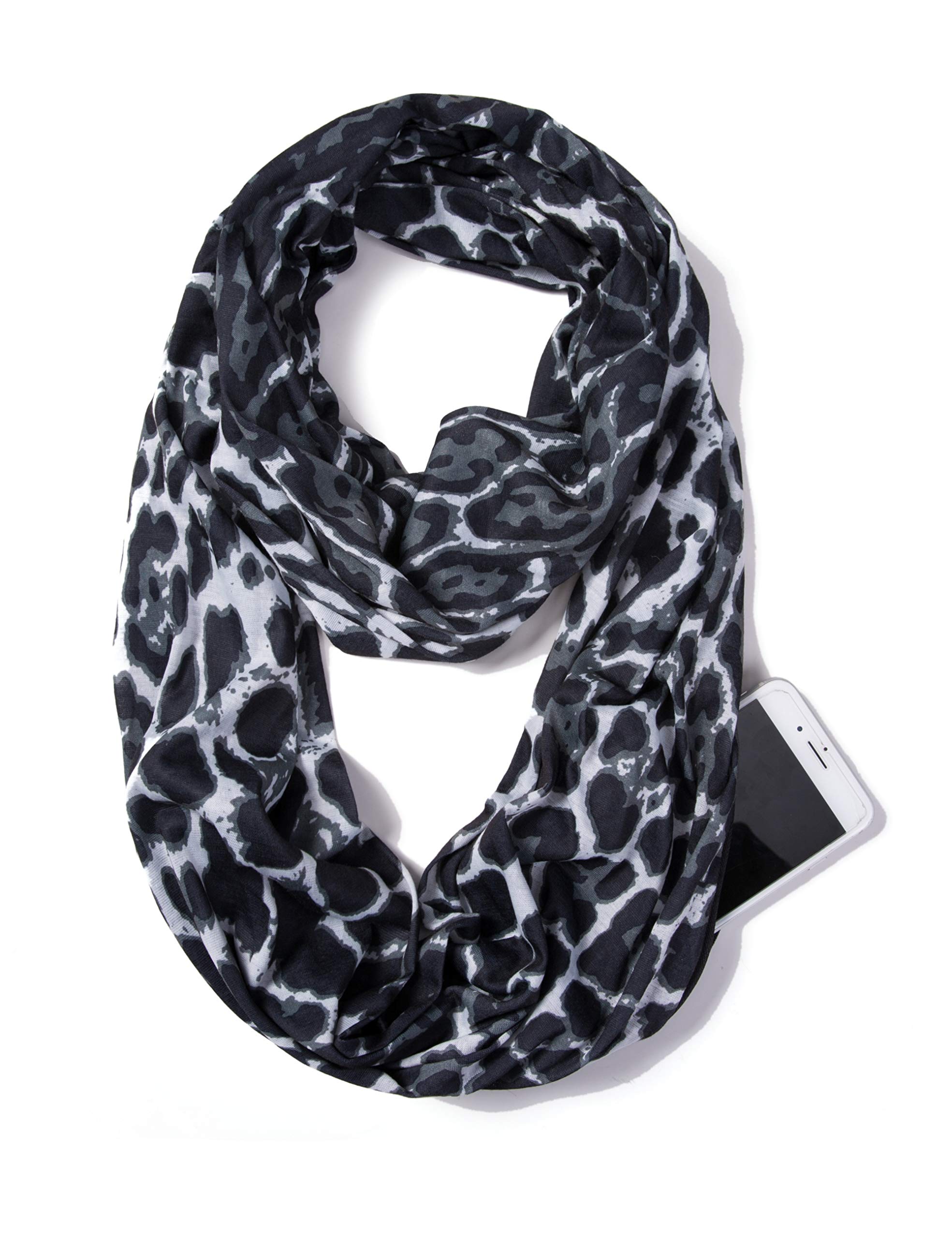 elzama Infinity Loop Jersey Scarf with Hidden Zipper Pocket, Leopard Printed Patterns for Women, Travel Wrap for Fall Winter, Black