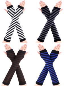 4 pairs women knit arm warmers long fingerless gloves knitted elbow length gloves thumb hole gloves winter (black white, black grey, black blue, black coffee)