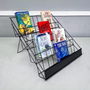 fixturedisplays® 4-tiered book signing rack, cd display, 18" wire rack for tabletop use, 2.5" open shelves, with header - black 119362-fba