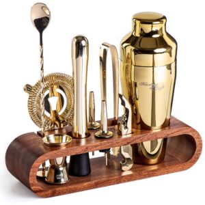 mixology bartender kit: 10-piece bar tool set with mahogany stand | perfect home bartending kit and martini cocktail shaker set for a perfect drink mixing experience | fun housewarming gift (gold)