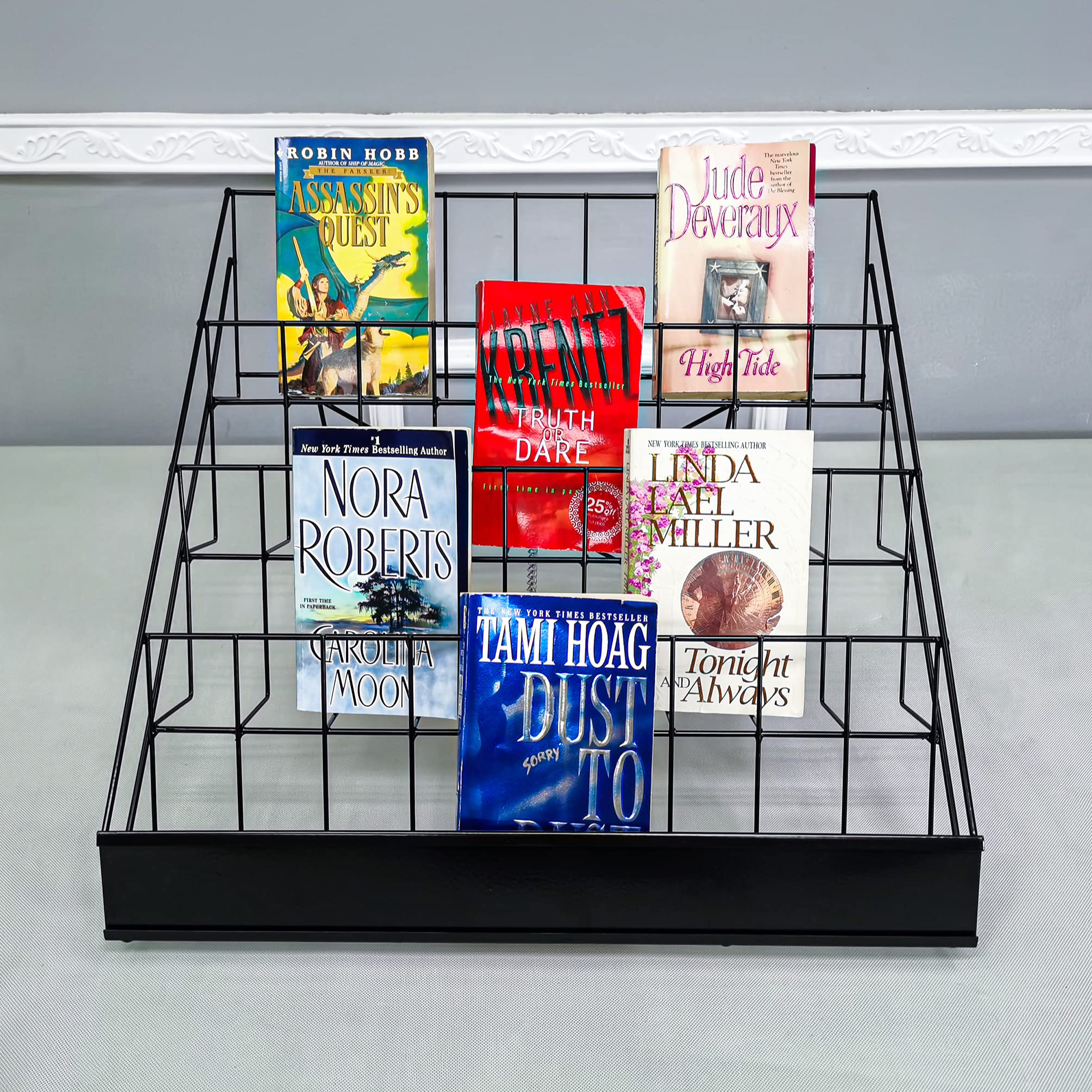 FixtureDisplays® 4-Tiered Book Signing Rack, CD Display, 18" Wire Rack for Tabletop Use, 2.5" Open Shelves, with Header - Black 119362-FBA