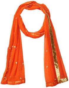 tms woman's embroidered chiffon dupatta scarf shawl wrap soft indian bridal wedding (orange)