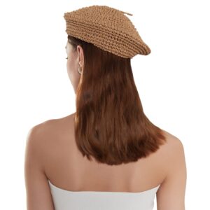 JH JOEJERRY Straw Beret Summer French Beret Hats for Women Artist Crochet Beret Khaki