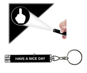 vinylcation middle finger led keychain light. hilarious projector keyring displays humorous image on walls, ceilings, even someone's back. causes fits of laughter & stress relief