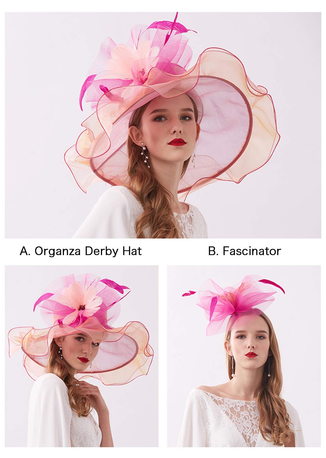 Oridoor Women Organza Fascinator Church Kentucky Derby Hat Floral Tea Party Wedding Hat Rose, 003C Rose And Pink