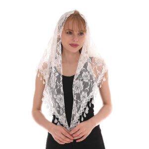 lmverna mass veil catholic church mantilla chapel lace shawl or scarf latin mass head cover with a handy storage pouch (white)