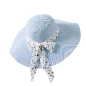 yingbei chiffon streamers ladies straw hat summer travel sunscreen sun hat beach hat folding hat (blue)