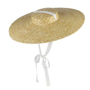 Jelord Women Vintage Boater Straw Hat Wide Brim Flat Top Floppy Derby Straw Hat Beach Sun Hats with Chin Strap Brim:18cm White