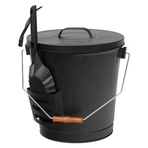 jupiterforce ash bucket with lid and shovel, 5.15 gallon large galvanized metal hot coal wood ash carrier pail for fireplace, fire pits, wood burning stoves, grill, outdoor camping, black