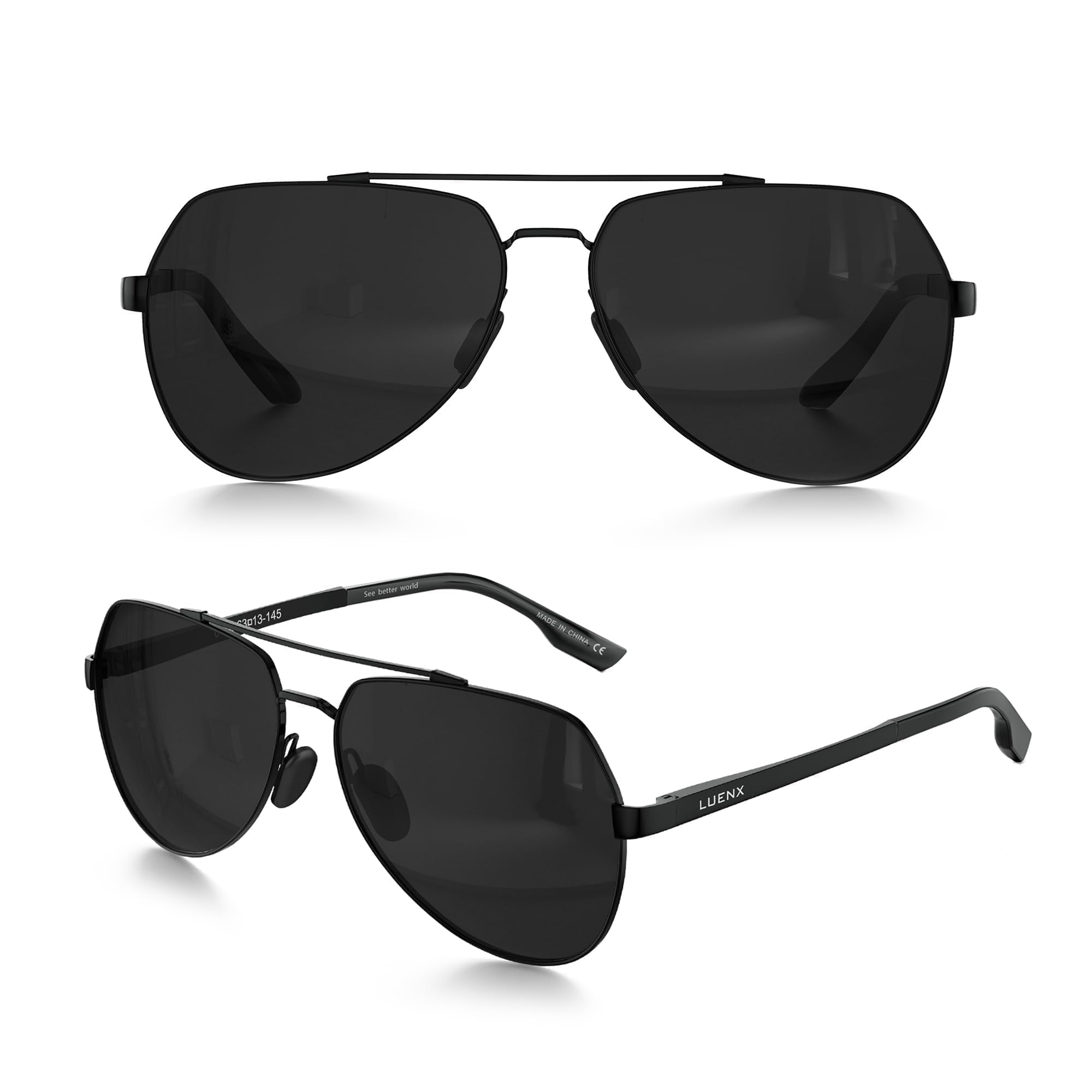 LUENX Men Women Aviator Sunglasses Polarized Shades Flexible Spring Hinge - Black Dark Lens Black Metal Frame 60MM