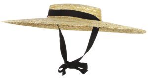 jelord women vintage boater straw hat wide brim flat top floppy derby straw hat beach sun hats with chin strap brim:12cm beige