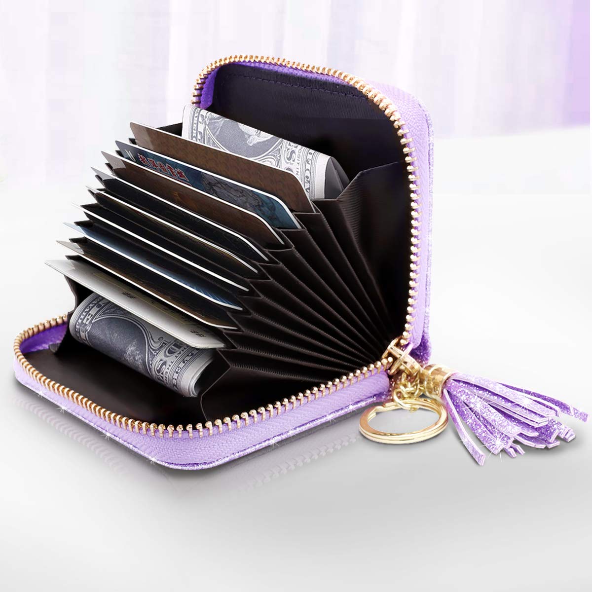 Coco Rossi Small Credit Card Wallet RFID Glitter Cute Accordion Card Holder with Zipper for Women