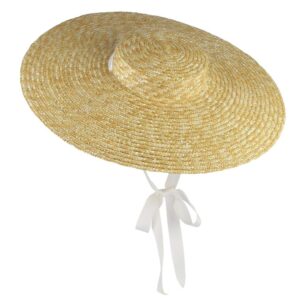 Jelord Women Vintage Boater Straw Hat Wide Brim Flat Top Floppy Derby Straw Hat Beach Sun Hats with Chin Strap Brim:18cm White