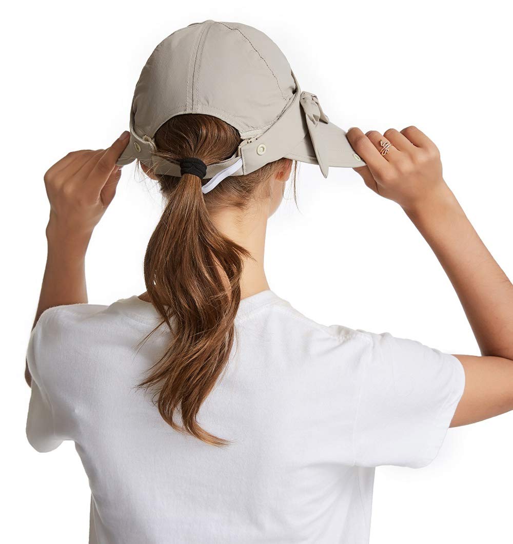 icolor Women Sun Cap Finshing Hats UPF+50 Detachable Face Mask Neck Flap Visor Wide Brim Sun Protection Hiking Hats Khaki