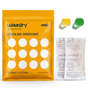 wisedry 50 gram [10 packs] silica gel packets microwave fast reactivate desiccan packs with indicating beads