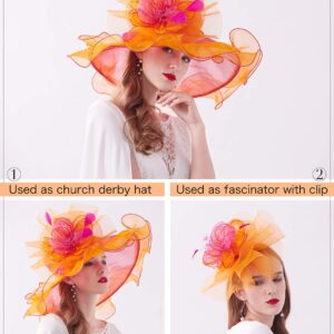 Z&X Women's Organza Church Fascinator Hair Clip Bridal Wedding Tea Party Hat Wide Brim Anti-UV Sun Hat Orange Rose