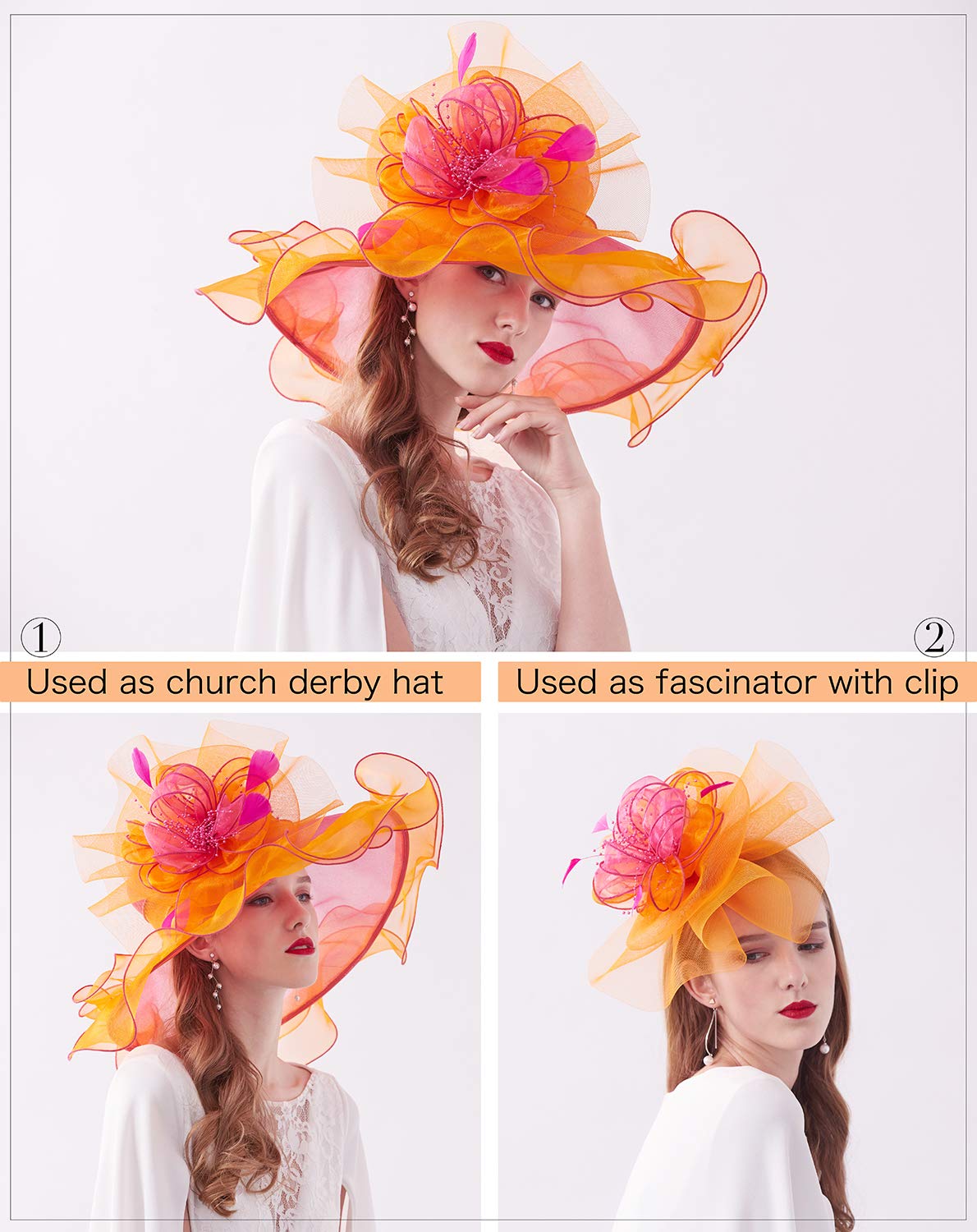 Z&X Women's Organza Church Fascinator Hair Clip Bridal Wedding Tea Party Hat Wide Brim Anti-UV Sun Hat Orange Rose