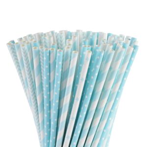 alink biodegradable light blue white paper straws, pack of 100 party straws for juice, cocktail, smoothies, birthday, wedding, bridal/baby shower and christmas decorations supplies