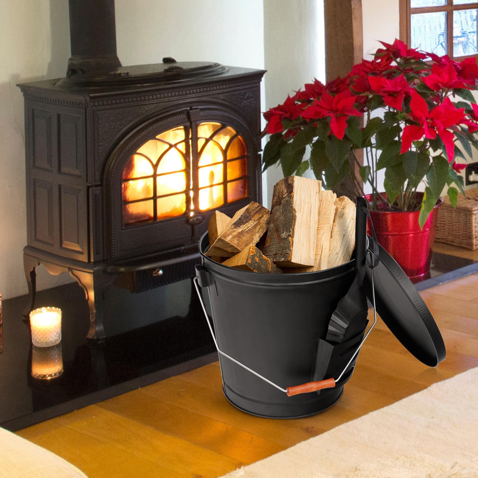 JupiterForce Ash Bucket with Lid and Shovel, 5.15 Gallon Large Galvanized Metal Hot Coal Wood Ash Carrier Pail for Fireplace, Fire Pits, Wood Burning Stoves, Grill, Outdoor Camping, Black