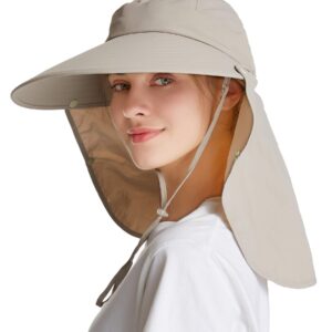 icolor Women Sun Cap Finshing Hats UPF+50 Detachable Face Mask Neck Flap Visor Wide Brim Sun Protection Hiking Hats Khaki