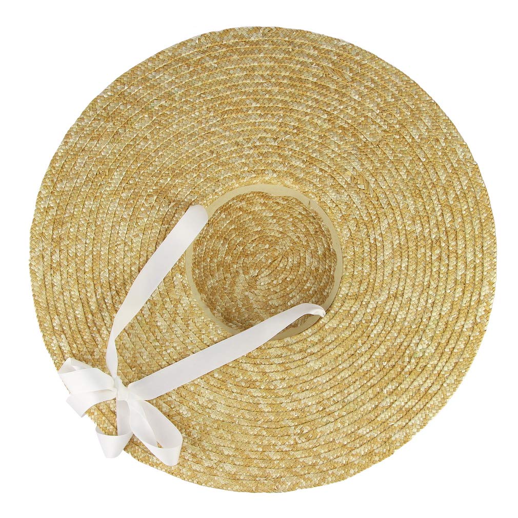 Jelord Women Vintage Boater Straw Hat Wide Brim Flat Top Floppy Derby Straw Hat Beach Sun Hats with Chin Strap Brim:18cm White