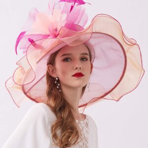 Oridoor Women Organza Fascinator Church Kentucky Derby Hat Floral Tea Party Wedding Hat Rose, 003C Rose And Pink