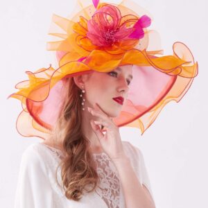 Z&X Women's Organza Church Fascinator Hair Clip Bridal Wedding Tea Party Hat Wide Brim Anti-UV Sun Hat Orange Rose