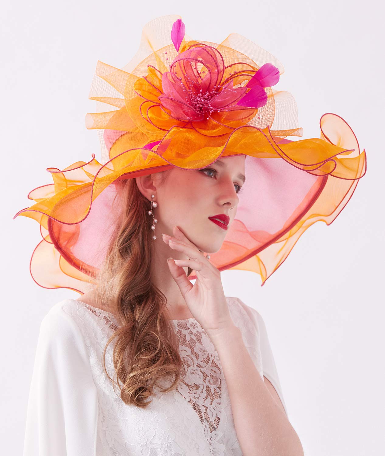 Z&X Women's Organza Church Fascinator Hair Clip Bridal Wedding Tea Party Hat Wide Brim Anti-UV Sun Hat Orange Rose