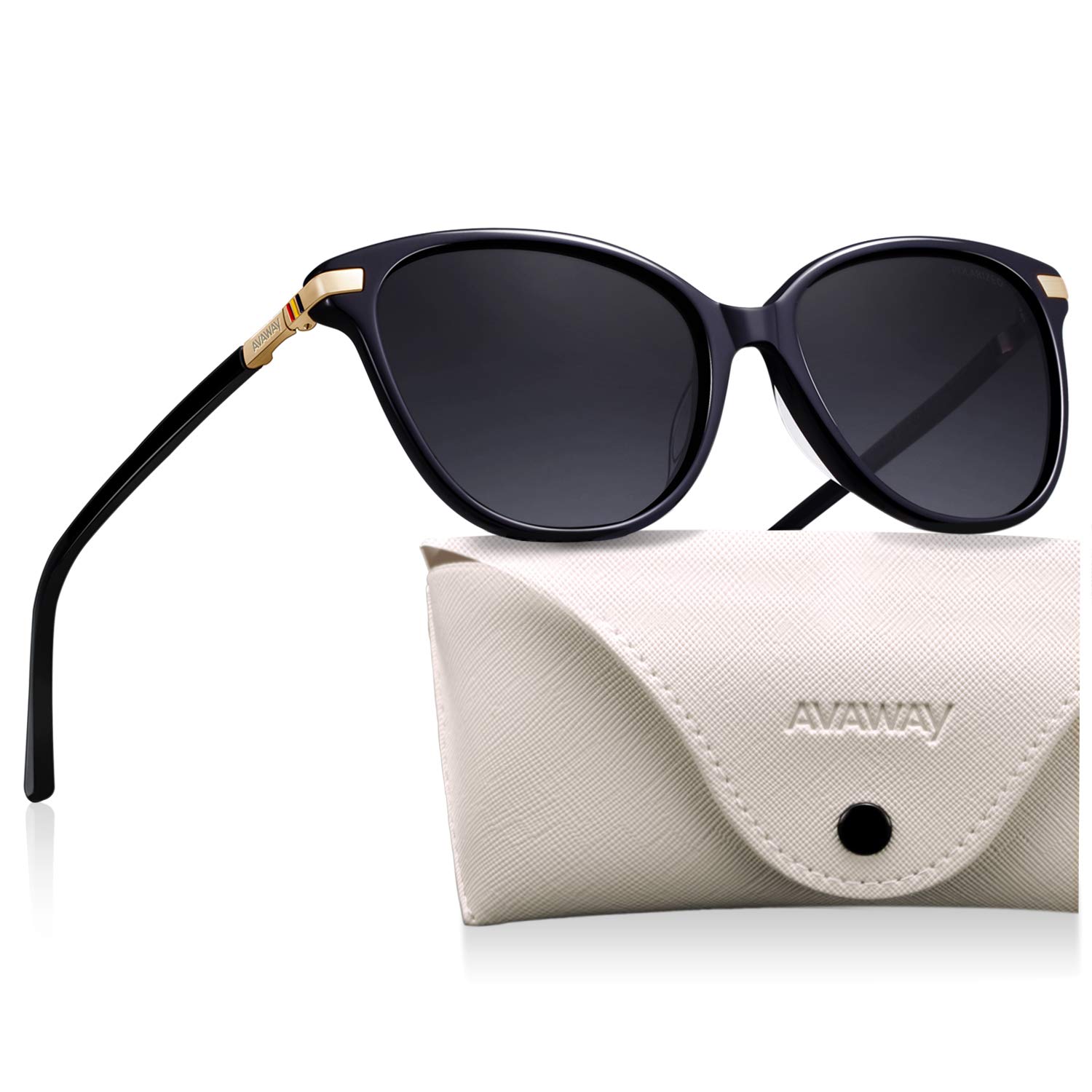 AVAWAY Black and Gold Cat Eye Sunglasses Womens Polarized UV Protection Trendy Acetate Frame Ladies Sun Glasses Shade Sunnies