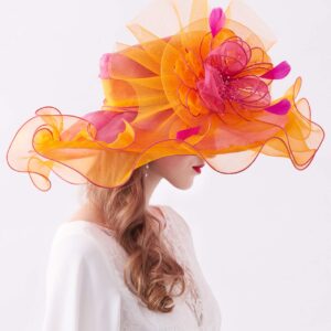 Z&X Women's Organza Church Fascinator Hair Clip Bridal Wedding Tea Party Hat Wide Brim Anti-UV Sun Hat Orange Rose