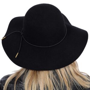 Lanzom Women Lady Retro Wide Brim Large Floppy Panama Hat Belt Wool Fedora Hat (A-Black, One Size)