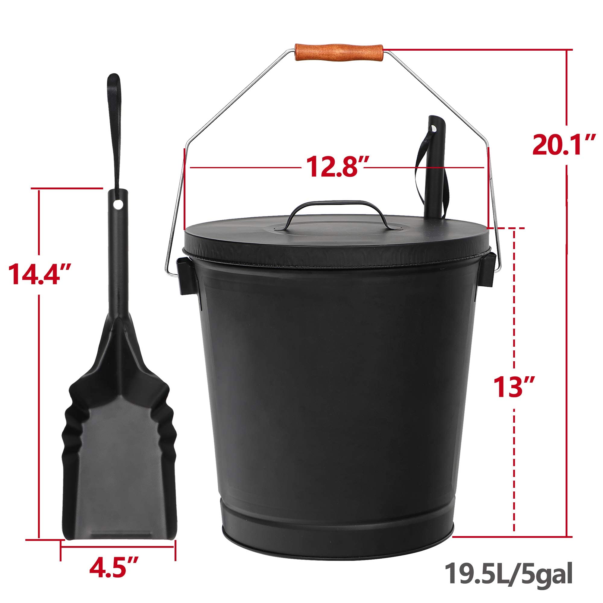 JupiterForce Ash Bucket with Lid and Shovel, 5.15 Gallon Large Galvanized Metal Hot Coal Wood Ash Carrier Pail for Fireplace, Fire Pits, Wood Burning Stoves, Grill, Outdoor Camping, Black