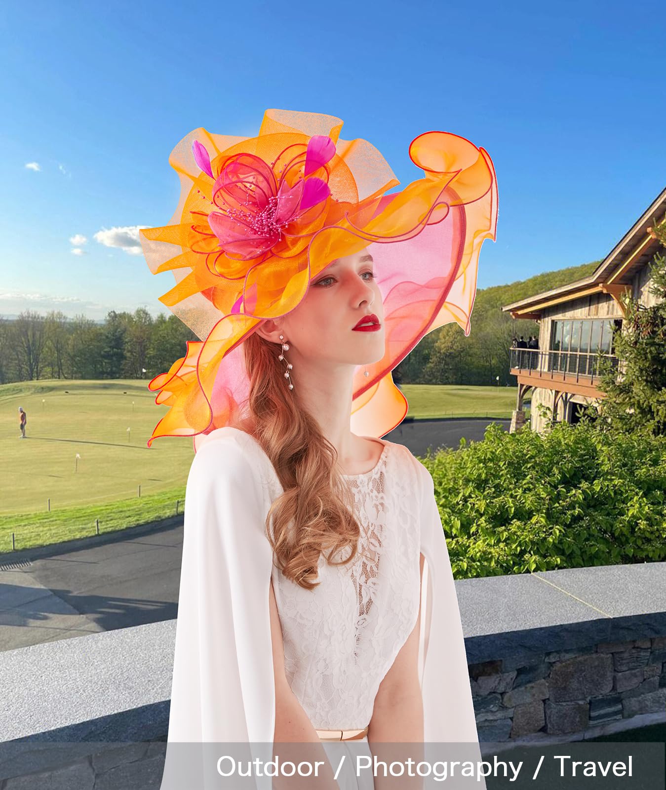 Z&X Women's Organza Church Fascinator Hair Clip Bridal Wedding Tea Party Hat Wide Brim Anti-UV Sun Hat Orange Rose