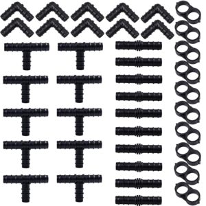 uratot 40 pieces drip irrigation fittings kit 1/2" tubing set, 10 tees, 10 couplings, 10 elbows and 10 end cap plugs drip irrigation barbed connectors for drip sprinkler systems