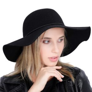 Lanzom Women Lady Retro Wide Brim Large Floppy Panama Hat Belt Wool Fedora Hat (A-Black, One Size)