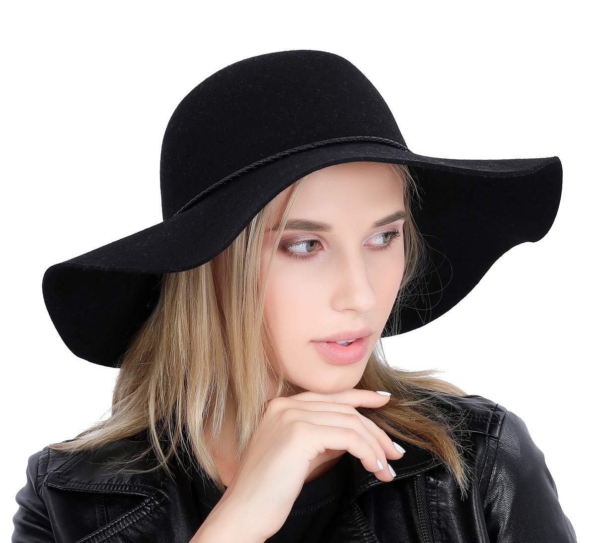 Lanzom Women Lady Retro Wide Brim Large Floppy Panama Hat Belt Wool Fedora Hat (A-Black, One Size)