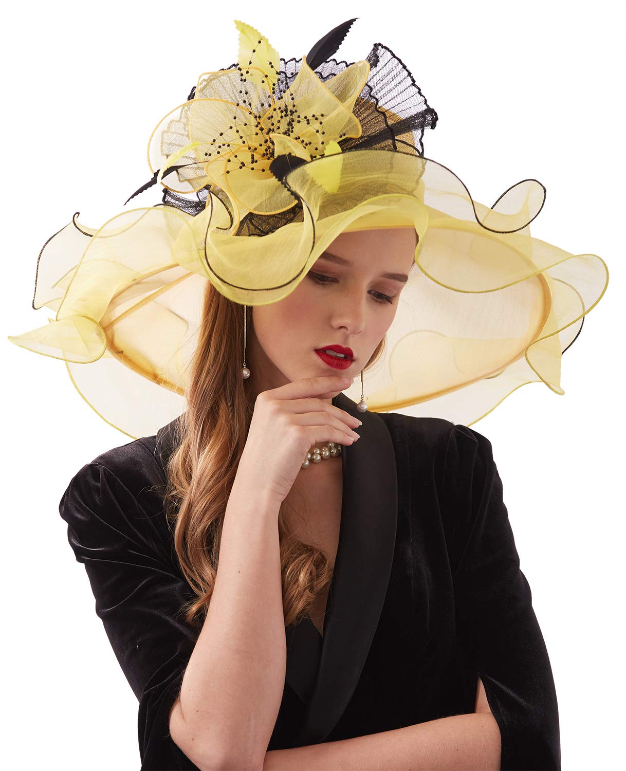 ORIDOOR Women Organza Fascinator Church Kentucky Derby Hat Floral Tea Party Wedding Hat, 003d Yellow, One Size