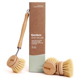 vove | bamboo dish brush | long lasting brush with 3 replacement heads | natural bristle | eco-friendly | wooden dish brush for washing and cleaning pot pan dish bowl |