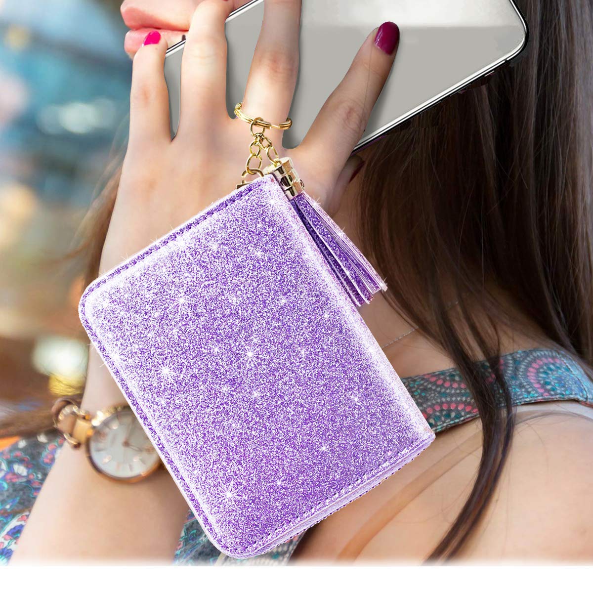 Coco Rossi Small Credit Card Wallet RFID Glitter Cute Accordion Card Holder with Zipper for Women