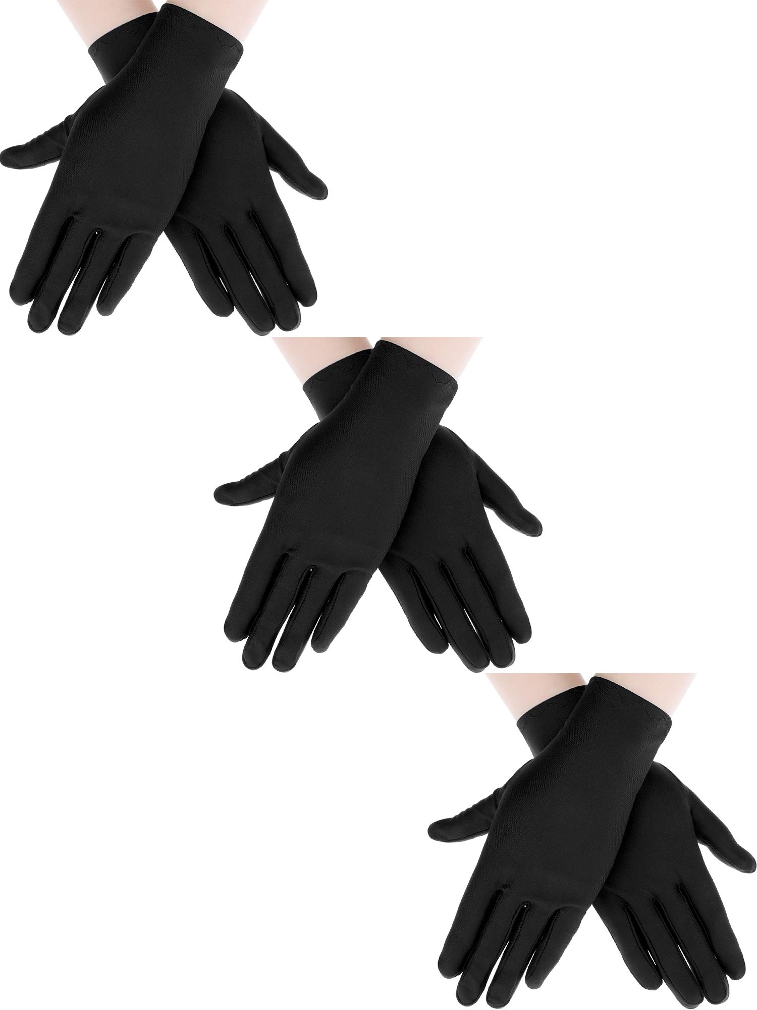 Sumind 3 Pairs Wrist Length Gloves Women Short Satin Gloves Opera Short Gloves for 1920s Wedding Party (Black 2)